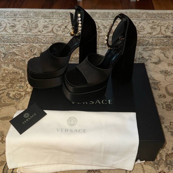 Versace | Shoes | Bnwt Versace Raso Ricamo Strass Satin Black Heels ...